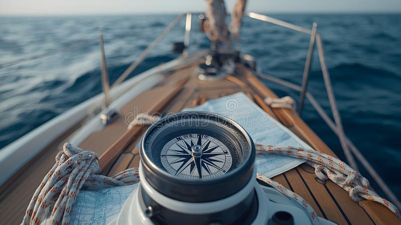 Top-Down View of a Sailing Navigation Compass on a Yacht with Maps ...