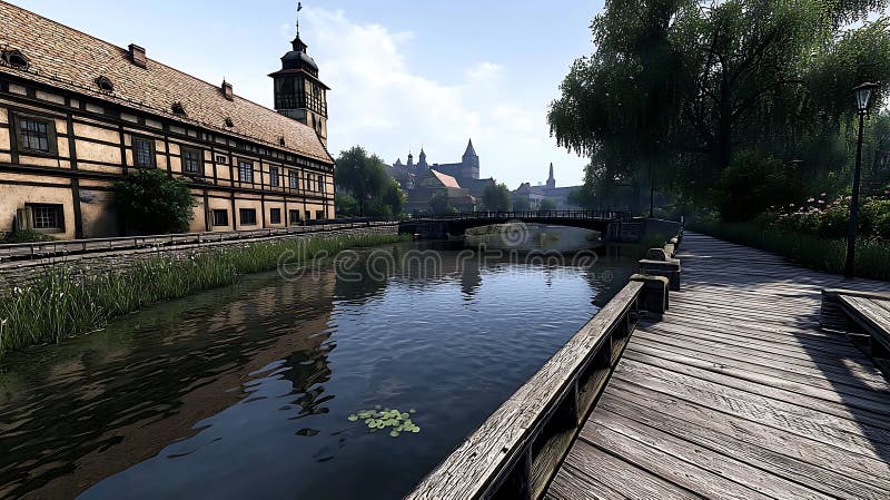 Scenic Medieval Castle with Moat and Drawbridge View Stock Illustration ...