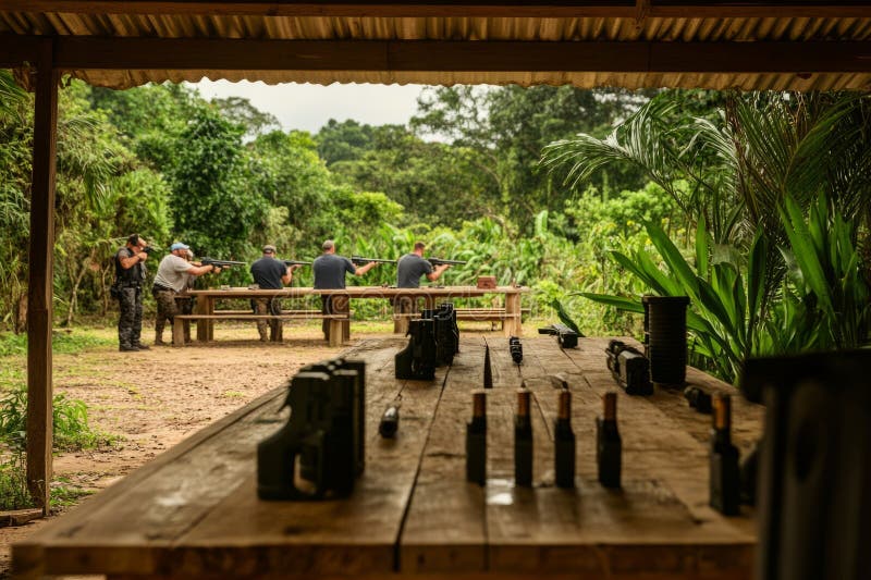 A Serene Outdoor Training Area Featuring Various Tools on a Wooden ...