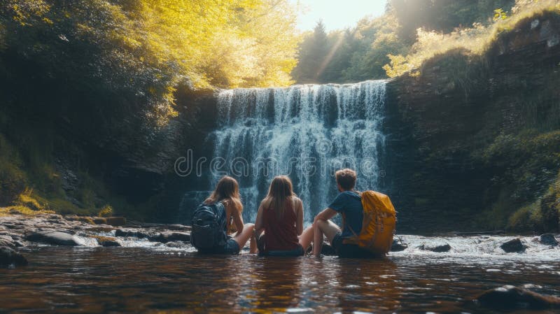 Explore the Tranquility of Nature by a Beautiful Waterfall. Friends Sit ...