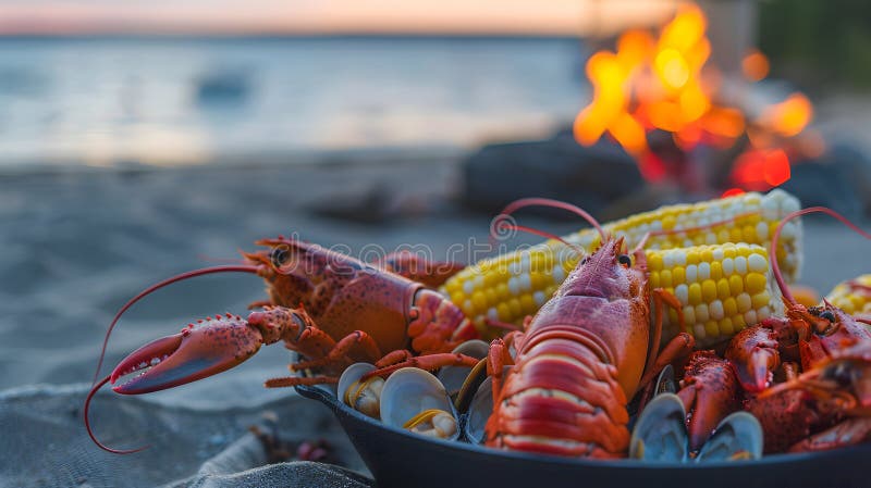 Coastal Bake with Lobster and Corn Sandy Stock Illustration ...