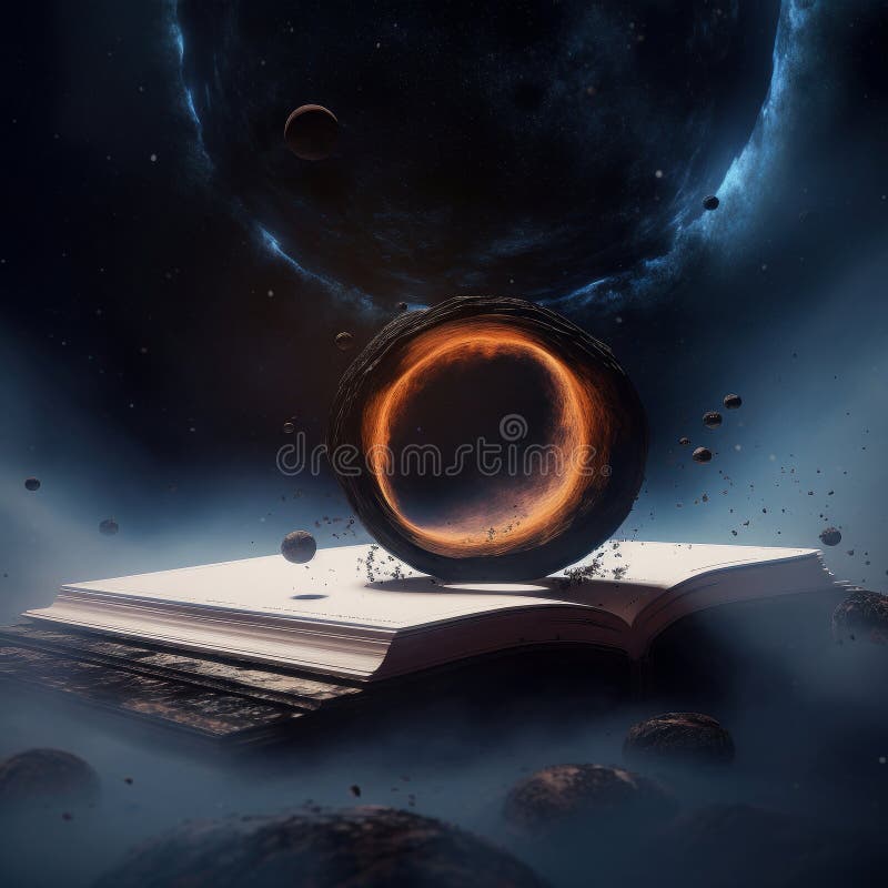 Cosmic Adventures, a Black Hole Emerging from an Open Book with Planets ...