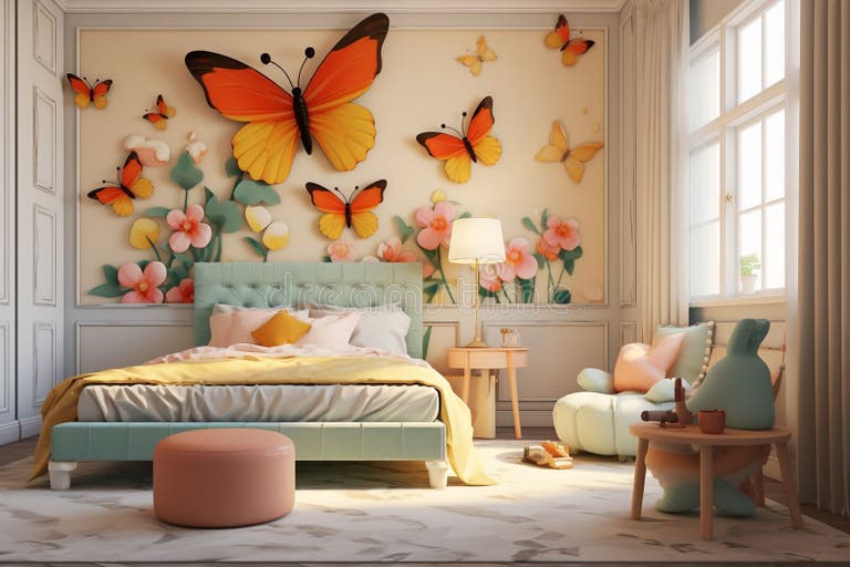 Explore the Use of Butterflies in Interior Stock Illustration - Illustration of bedroom, indoors ...