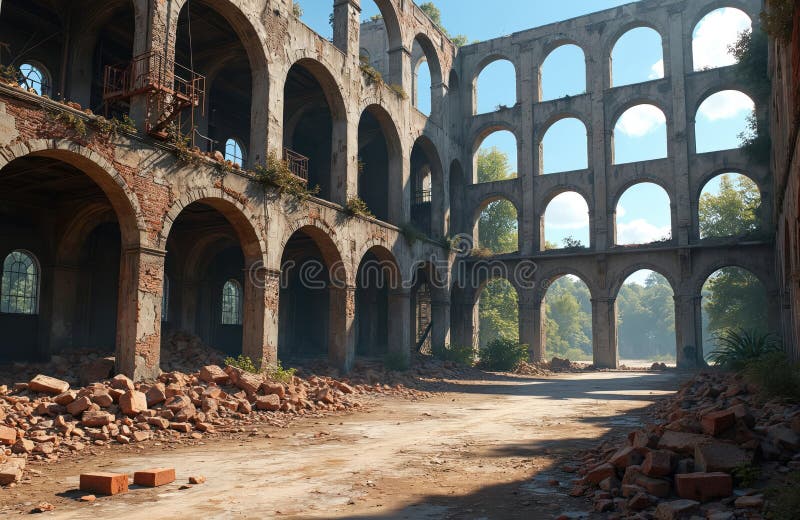 Explore Vast Ruined Structure with Arched Windows, Crumbling Brick ...