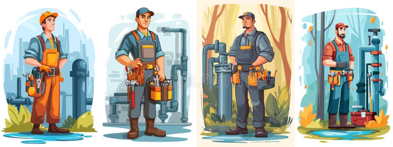 Professional Plumbers in Diverse Environments: Vector Illustration ...