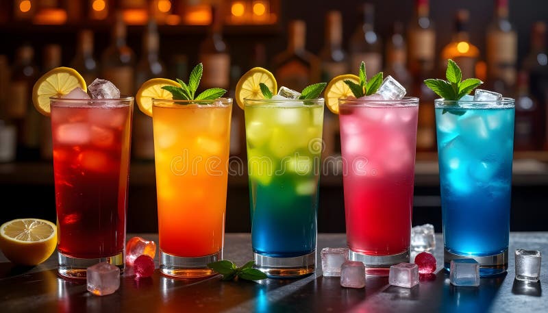 Rainbow Cocktails in Elegant Bar Setting Stock Illustration ...