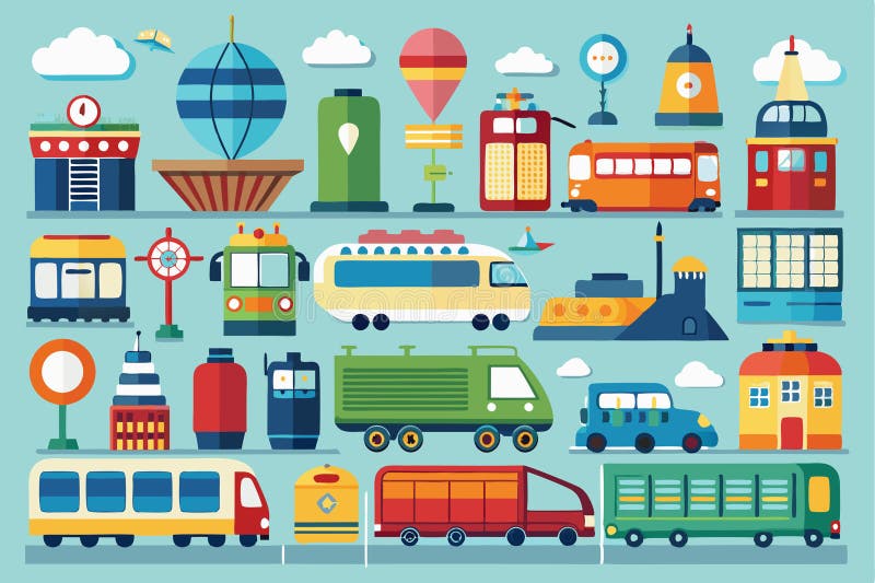 Explore a Vibrant Array of Transport Icons Showcasing Trains, Buses ...