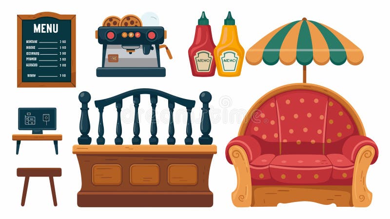Cozy Cafe Elements: Furniture and Menu Items Stock Vector ...