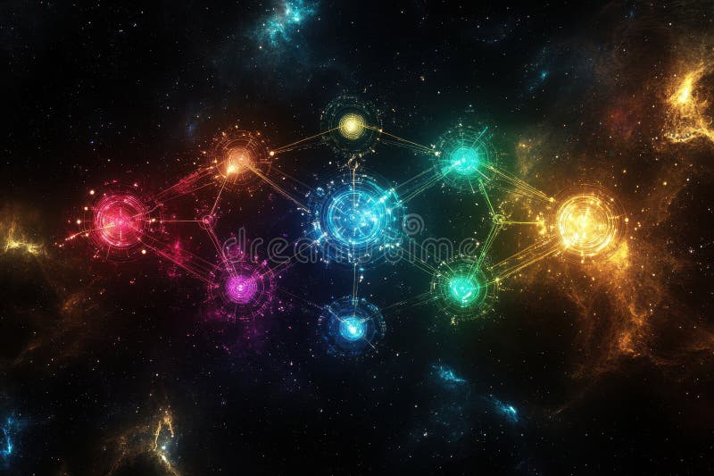 Colorful Abstract Cosmic Network in Space with Bright Celestial Bodies ...