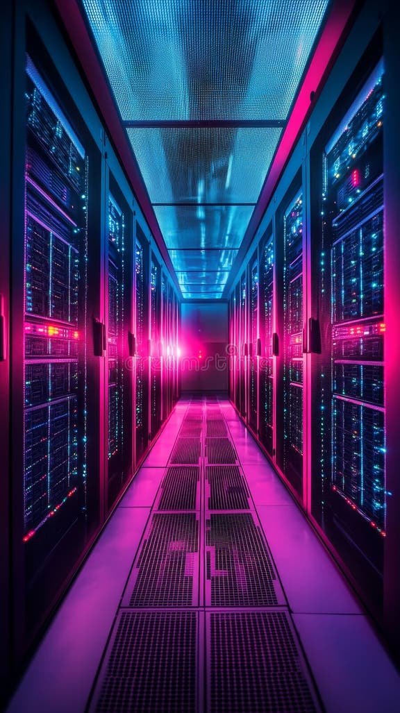 Vibrant Data Center Corridor with Illuminated Server Racks Stock ...