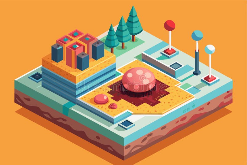 Explore a Vibrant Isometric Layout with Colorful Structures, Trees, and ...