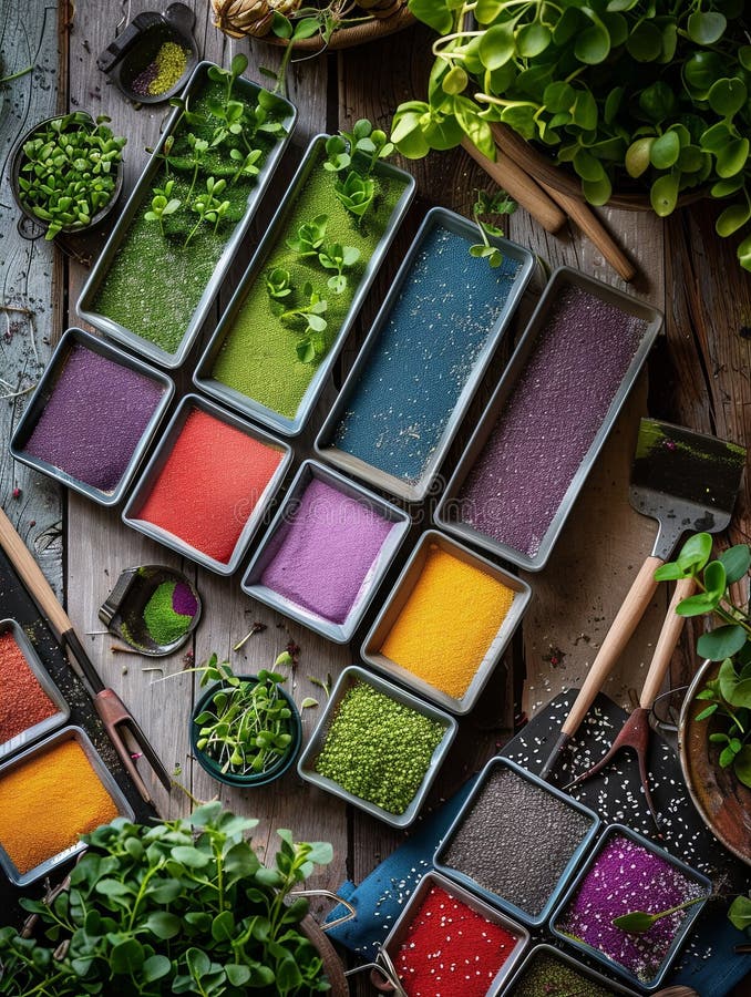 Explore Vibrant Microgreen Seed Packets with Gardening Tools on a ...