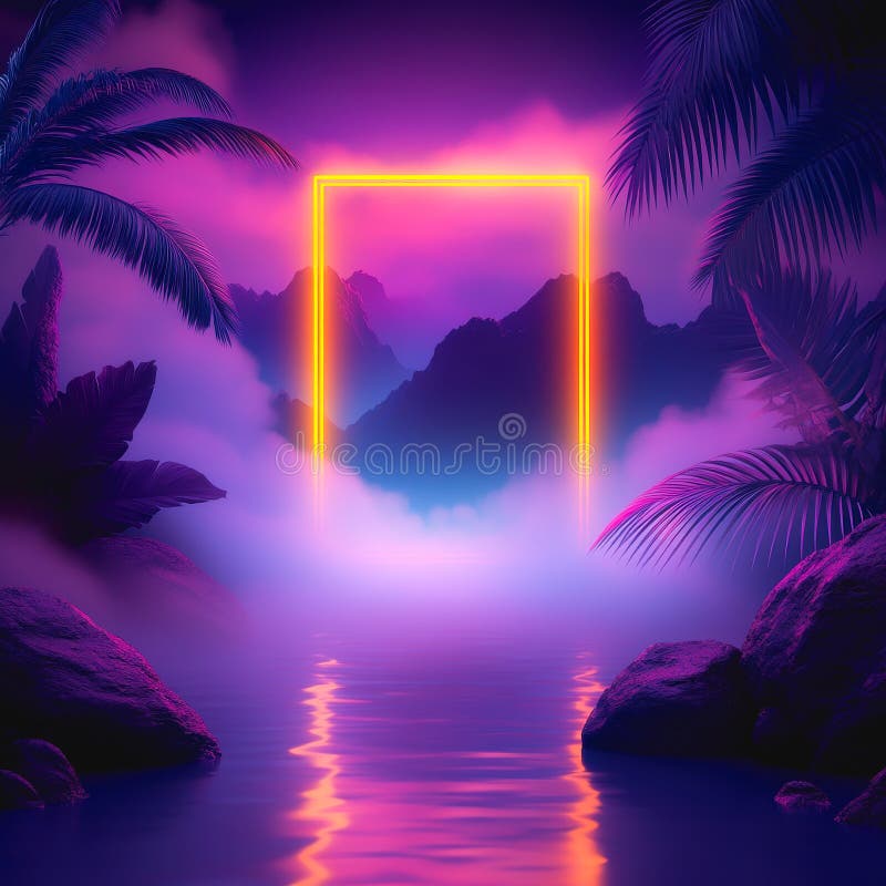 Neon Pastel Scene with Glowing Square Frame Stock Image - Image of ...