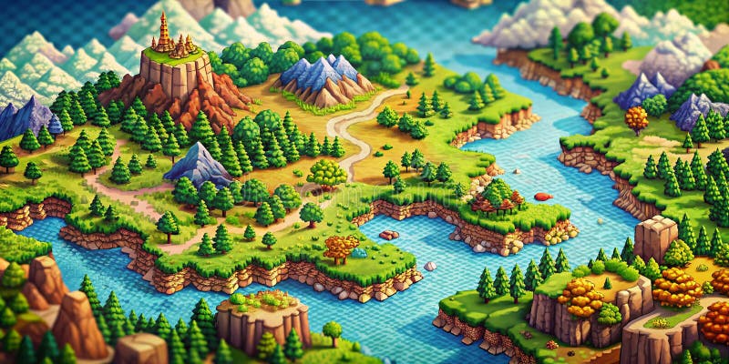 Explore a Vibrant Pixelated RPG Overworld Map Diverse Terrain Bokeh ...