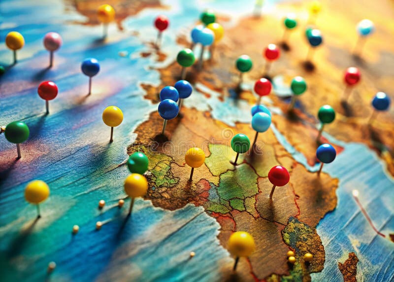 Global Connections a Colorful World Map with Scattered Pins Perfect for ...