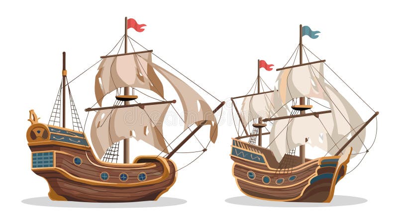 Colorful Vector Illustration of Two Traditional Pirate Ships Stock ...