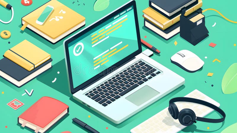 Virtual Learning Setup with Laptop and Headset Stock Illustration ...