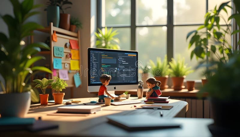 Creative Workspace with Miniature Designers on Computer Stock ...