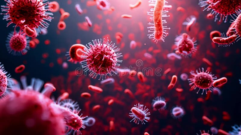Microscopic View of Bacteria and Particles in Red Environment Stock ...