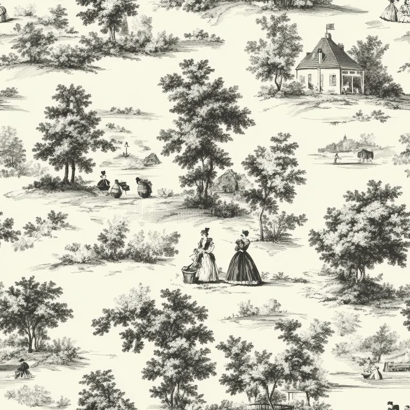 Vintage Inspired Seamless Pattern with Nature Scenes Stock Illustration ...