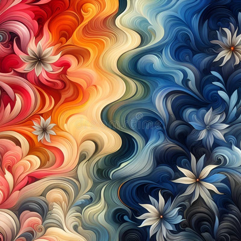 Warm and Cool: Floral Waves and Water Patterns, Generative AI. Stock ...
