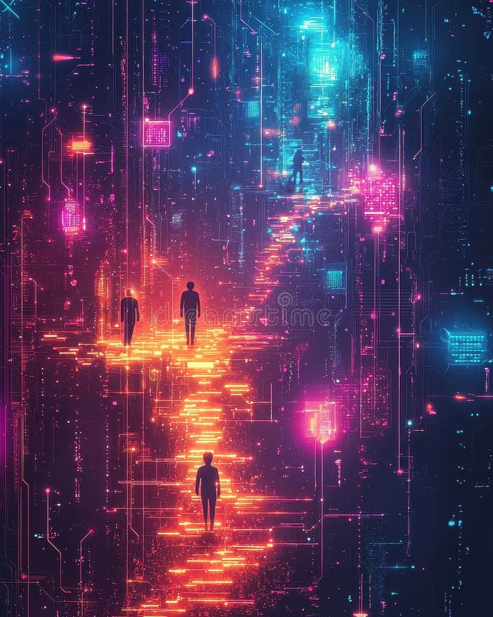 Wide Angle Journey through Neon Data in a Futuristic Vr Environment ...