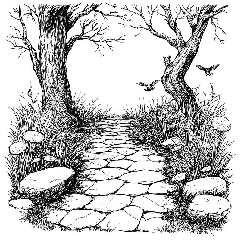 Whimsical Pathway in Black and White Coloring Book Stock Illustration ...