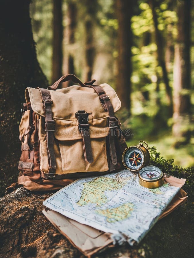 Explore the Wilderness with a Backpack, Compass, and Map in a Tranquil ...