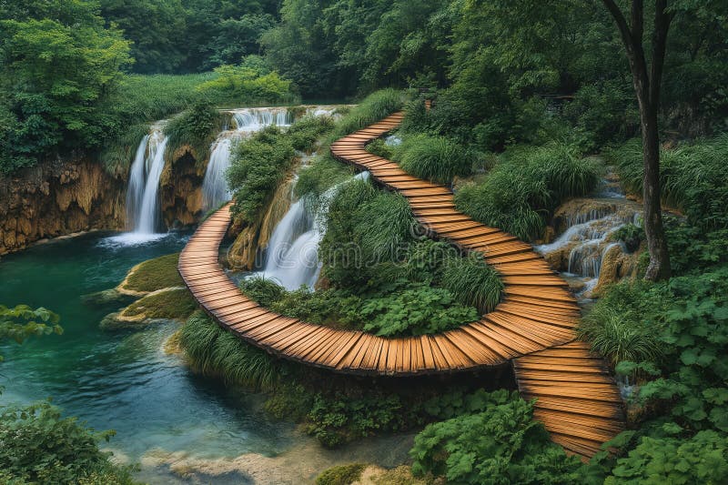 Explore a Winding Wooden Bridge Over Tranquil Waterfalls Amidst Lush ...
