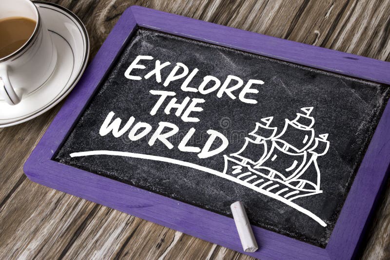 Explore the World Concept and Sailing Ship Hand Drawing on Black Stock ...