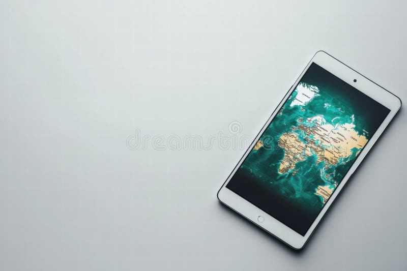 Explore the World Digitally with a Tablet Showing a Detailed World Map ...