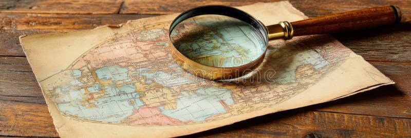 Explore the World, an Old Map Under a Magnifying Glass Stock Photo ...