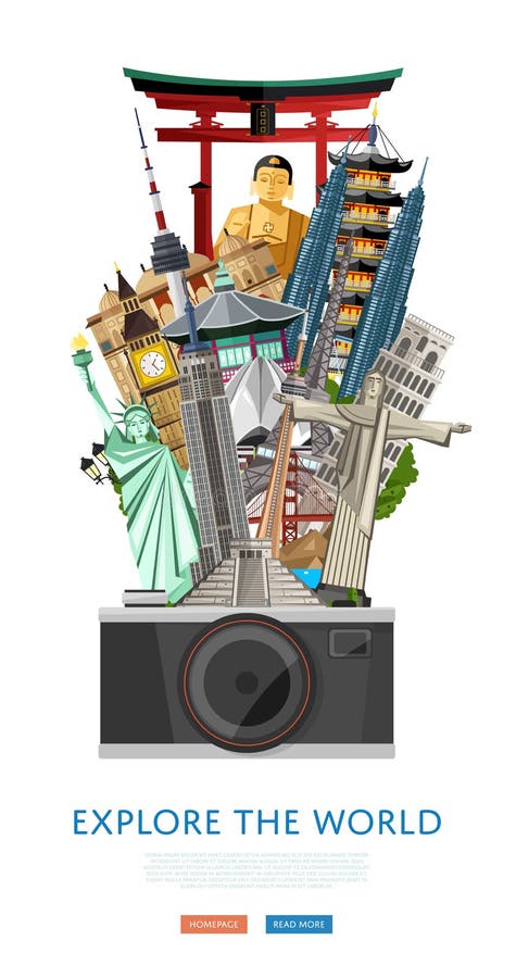 Explore the World Poster with Famous Attractions. Stock Vector ...