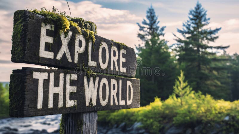 EXPLORE the WORLD Sign Featured in a Forest Background Stock Image ...