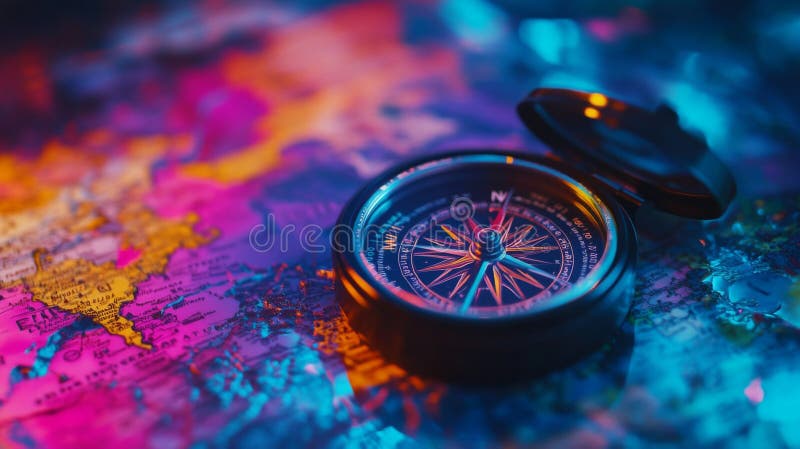 Explore the World with a Vintage Compass. the Vibrant Colors of the Map ...