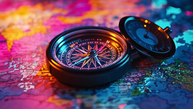 Explore the World with a Vintage Compass. the Vibrant Colors of the Map ...