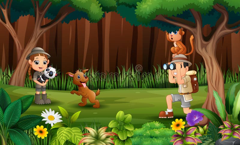 The Explorer with Animals on the Forest Stock Vector - Illustration of ...