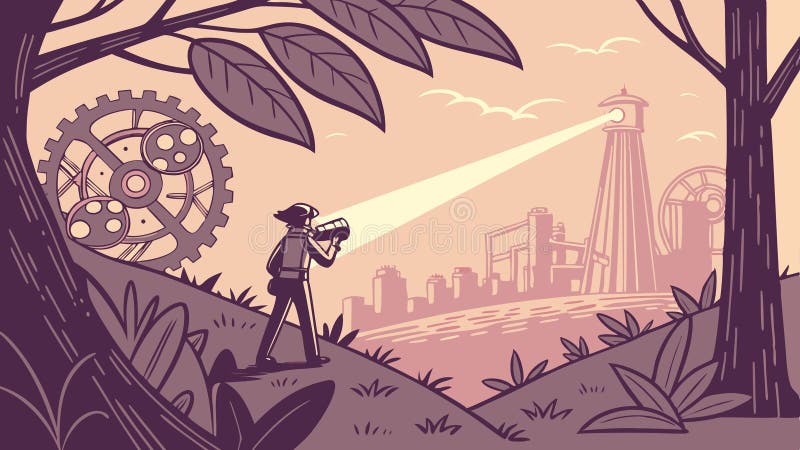 Explorer with Camera in Industrial Landscape, Modern Discovery Vector ...