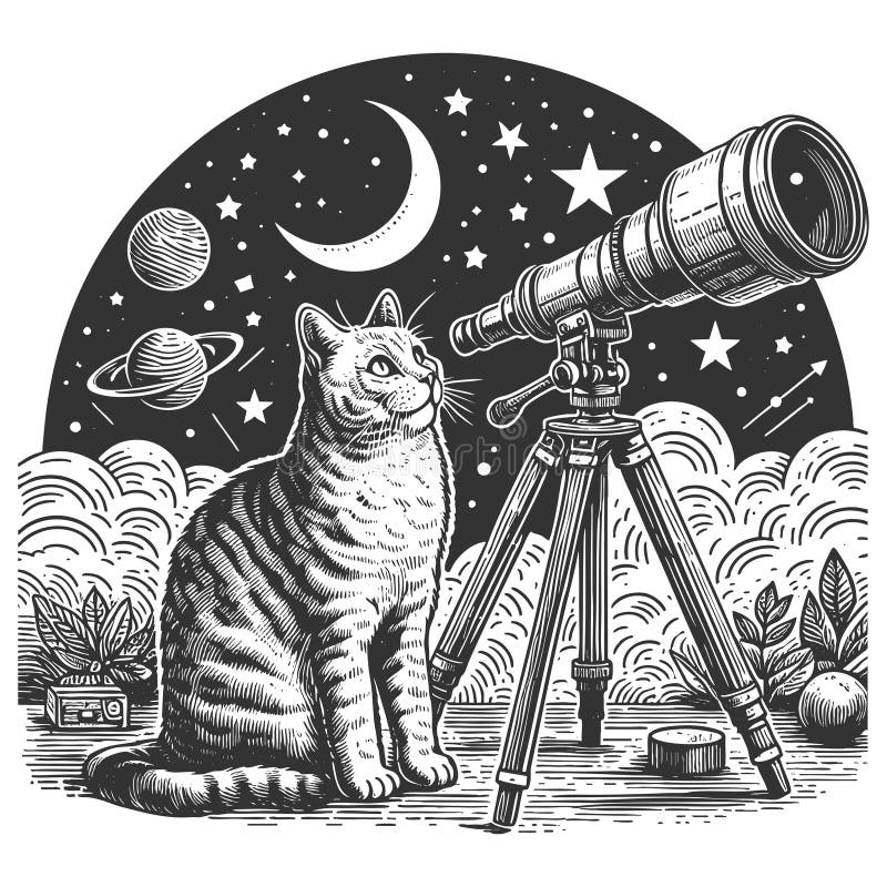 Explorer Cat Looking through Telescope Raster Stock Photo - Image of ...