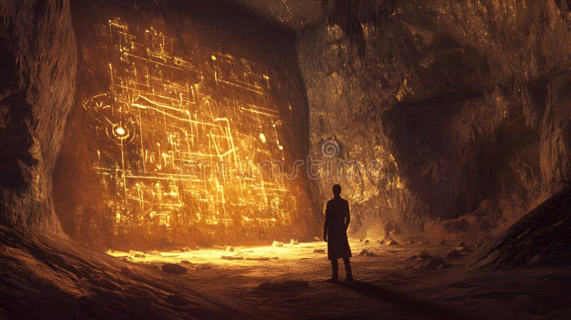 Explorer in Cave with Ancient Glowing Inscriptions on Stone Wall Stock ...