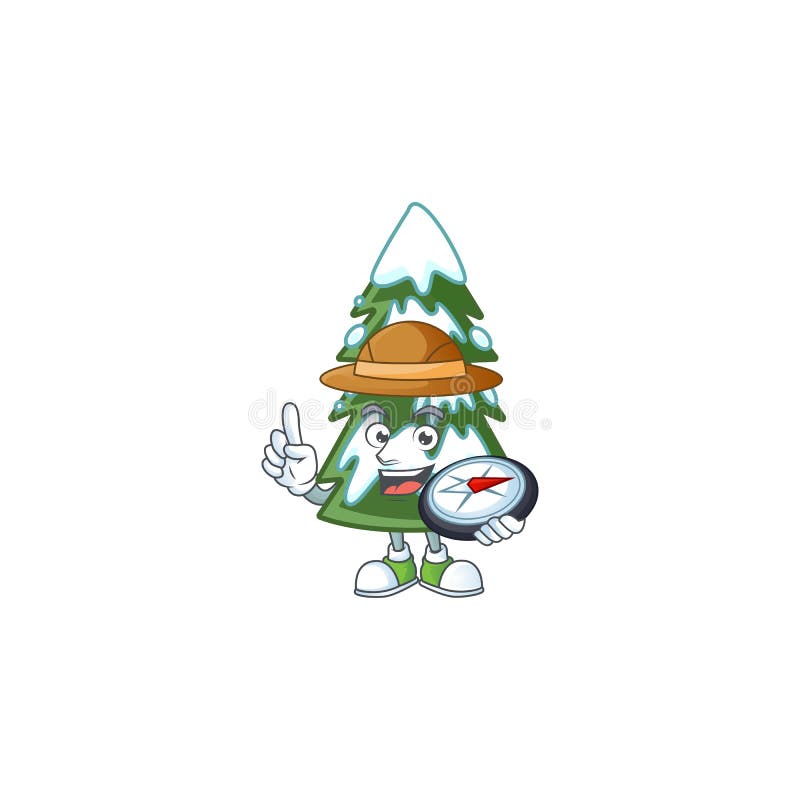 Explorer Christmas Tree Snow Cartoon Character Holding a Compass Stock ...