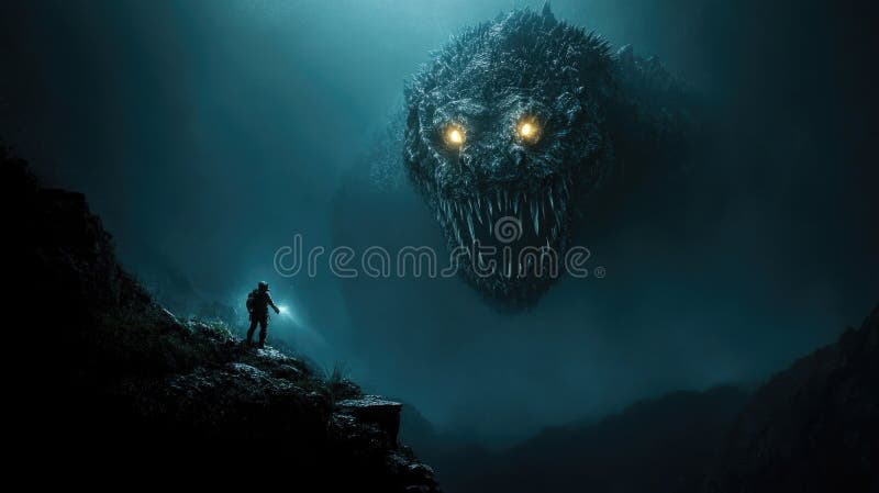 Explorer Confronts Giant Deep Sea Monster in Underwater Cave Stock ...