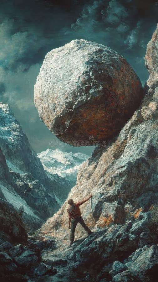 Explorer Confronts Massive Boulder in Dramatic Alpine Scene Stock Image ...