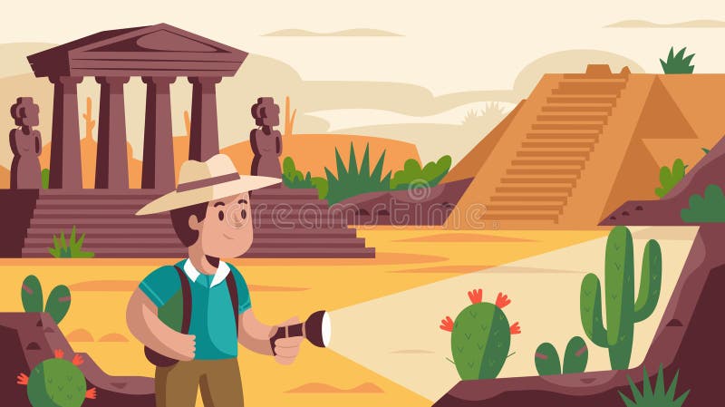 Explorer in a Desert Landscape with Ancient Ruins Stock Vector ...