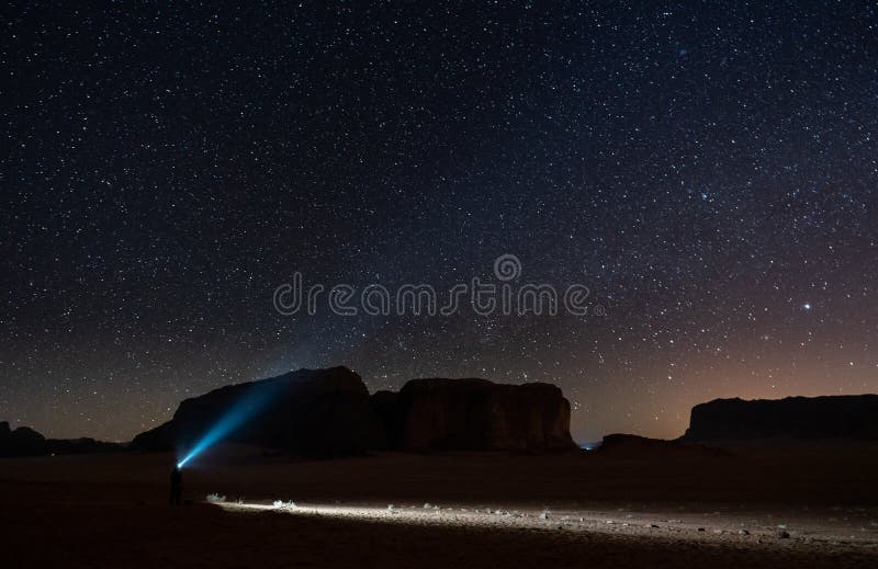 Explorer in Desert at Night with Starry Sky in Wadi Rum Desert, Jordan ...