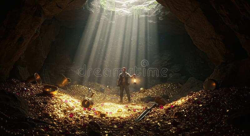 Explorer Discovering Treasure Cave Stock Illustration - Illustration of ...