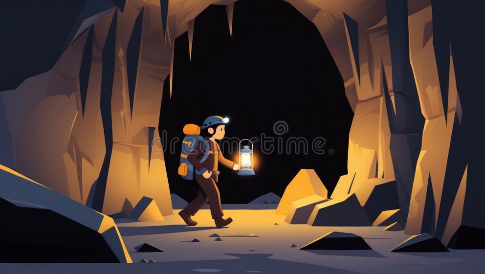 Explorer with Lantern Venturing into a Mysterious Cave, Illuminated by ...