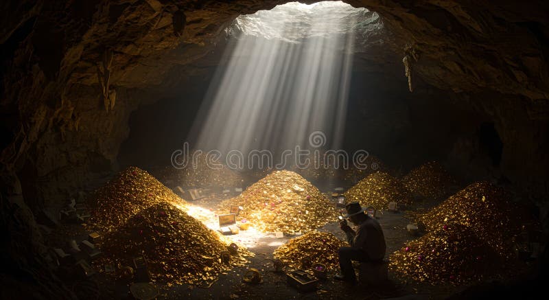 Explorer Examining Gold Treasure in Sunlit Cave Stock Illustration ...