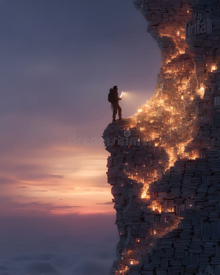 Explorer Finds Glowing Knowledge Path among Books Stock Illustration ...