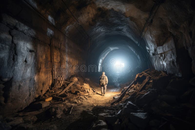 Explorer, with Flashlight in Hand, Exploring Desolate and Eerie Ruins ...